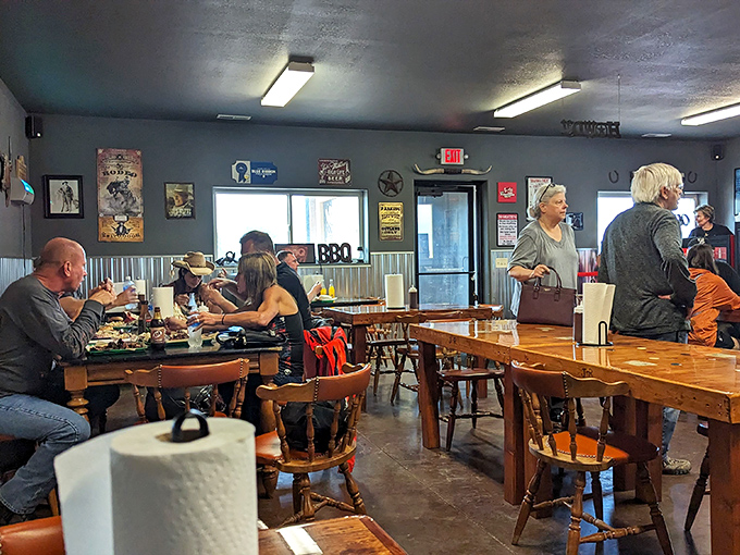 Happy campers in BBQ land! These diners look like they've found their own slice of smoky paradise.