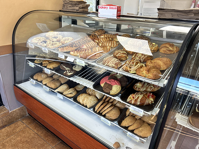 Decisions, decisions! Le Cave's display case is like an edible art gallery. Each pastry a masterpiece, begging to be devoured.