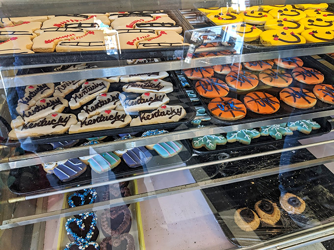 A cookie lover's dream come true! This display case is like a treasure chest of sugary goodness. X marks the spot where X equals "extra pounds on the scale."