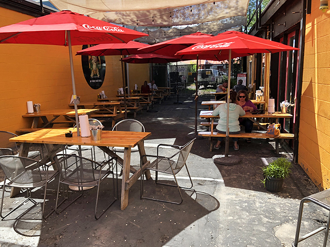 Al fresco feast: Pat's outdoor dining area is perfect for soaking up sunshine and BBQ sauce in equal measure.