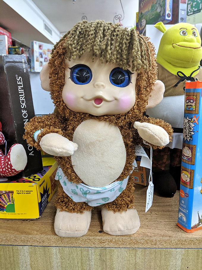 Eyes that could melt your heart &ndash; or haunt your dreams! This plush primate is equal parts adorable and slightly unsettling.