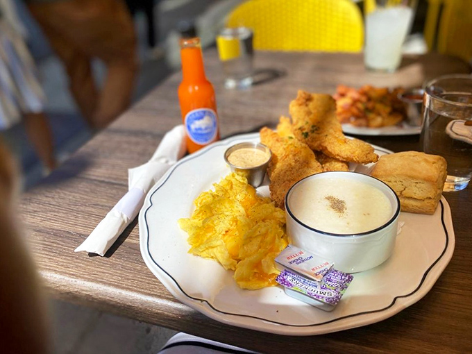 Southern breakfast done right: crispy catfish, golden mac and cheese, and cornbread&mdash;the breakfast of champions who plan to nap later.