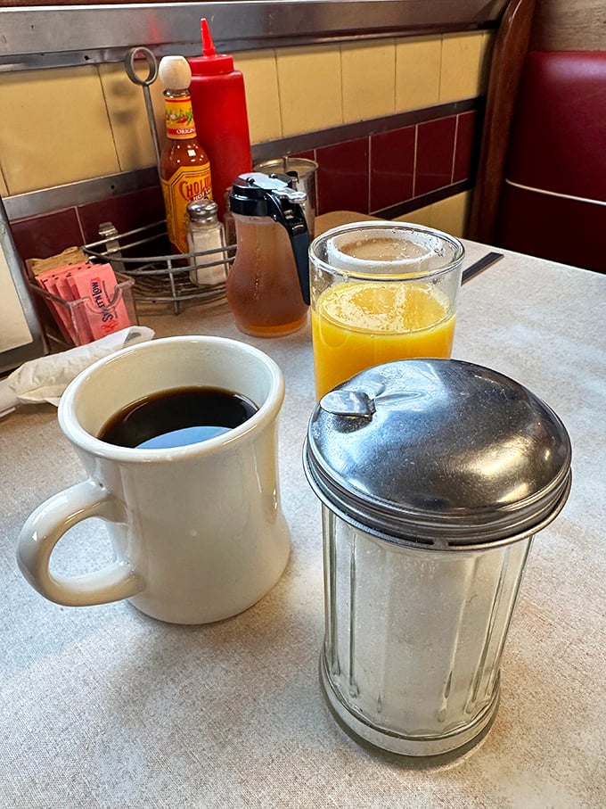 The holy trinity of diner drinks: Coffee to wake you, OJ for vitamins, and a mystery shake for... well, just because you can!