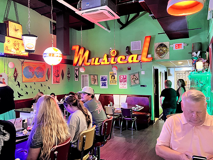 Retro chic meets modern eats. This dining area is where the Jetsons would brunch if they visited Earth.