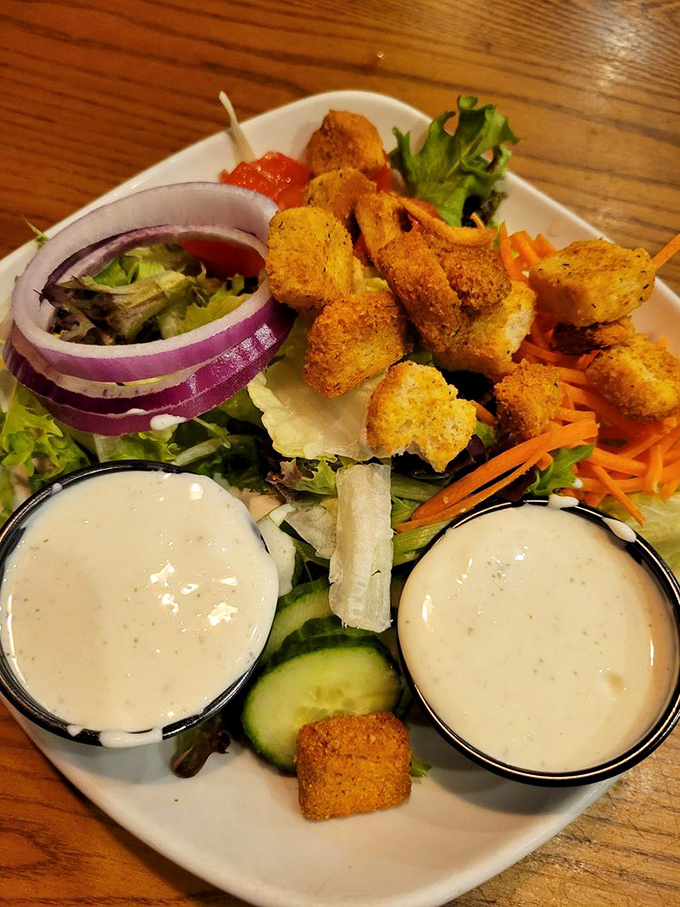 This salad with its crispy croutons and twin dressing options is what vegetables dream of becoming when they grow up.