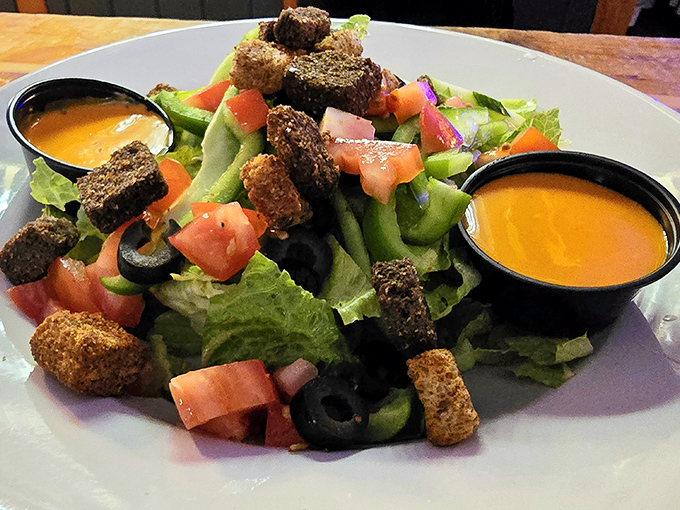 A salad that doesn't feel like punishment. With those croutons and dressing, it's practically a cheat day in disguise.