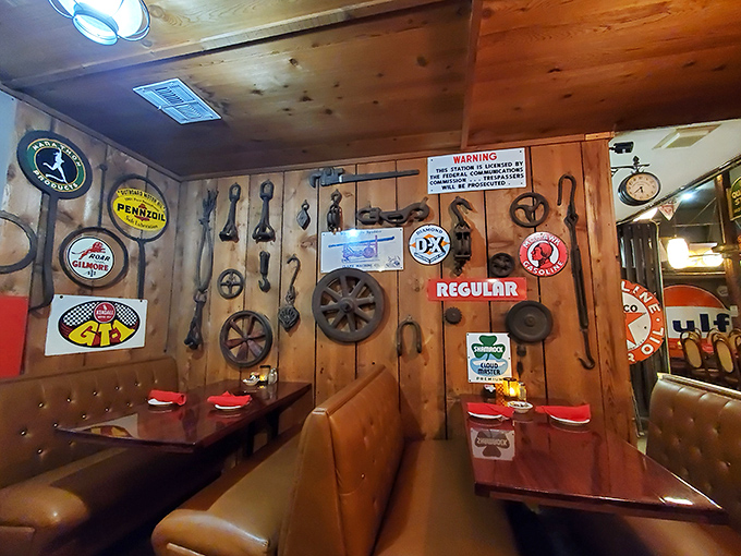 Wall decor that's part museum, part man cave, all awesome. It's like your grandpa's garage got a makeover from the History Channel.