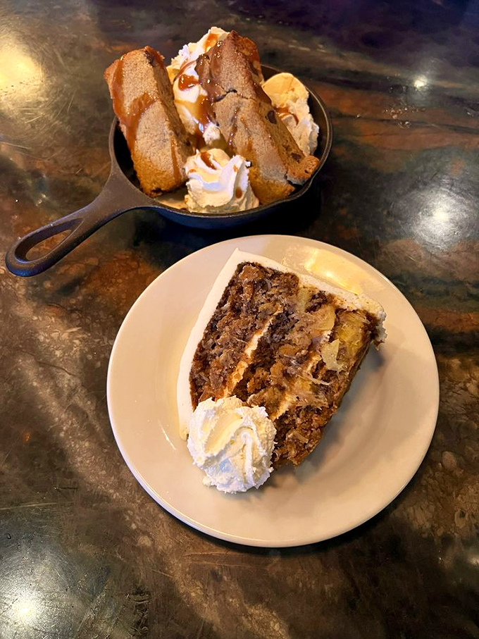 Dessert that demands your attention: carrot cake that your grandmother would approve of, alongside what appears to be ice cream-topped brownies in a skillet.