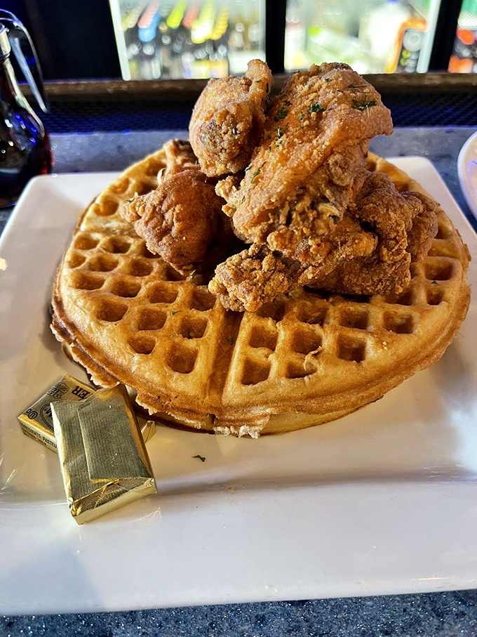 Chicken and waffles: the breakfast-dinner rebel that laughs in the face of mealtime norms. A sweet and savory revolution on a plate.