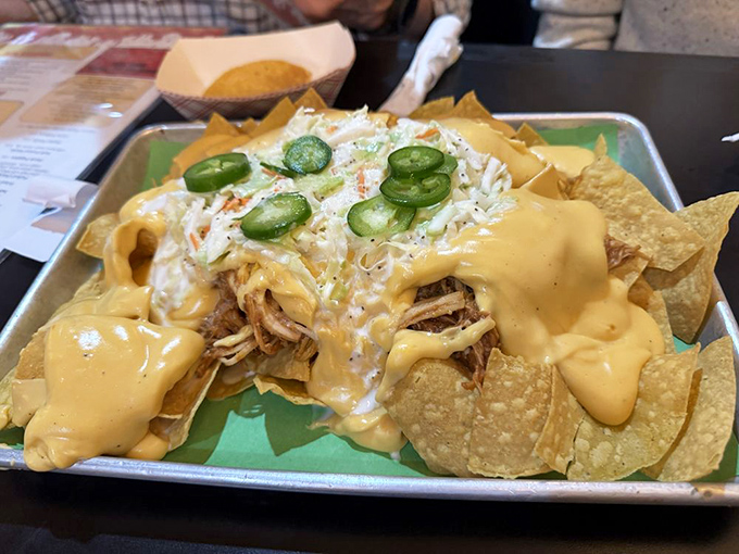 Nachos that laugh in the face of portion control. It's like a fiesta on a plate, and everyone's invited!