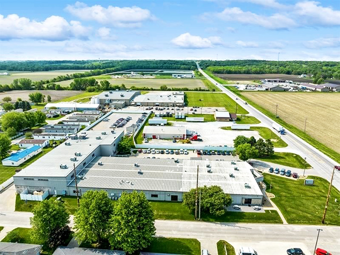 Bird's eye bliss: Kalona from above looks like a patchwork quilt of charm, industry, and pastoral beauty. No drones were harmed in this view.