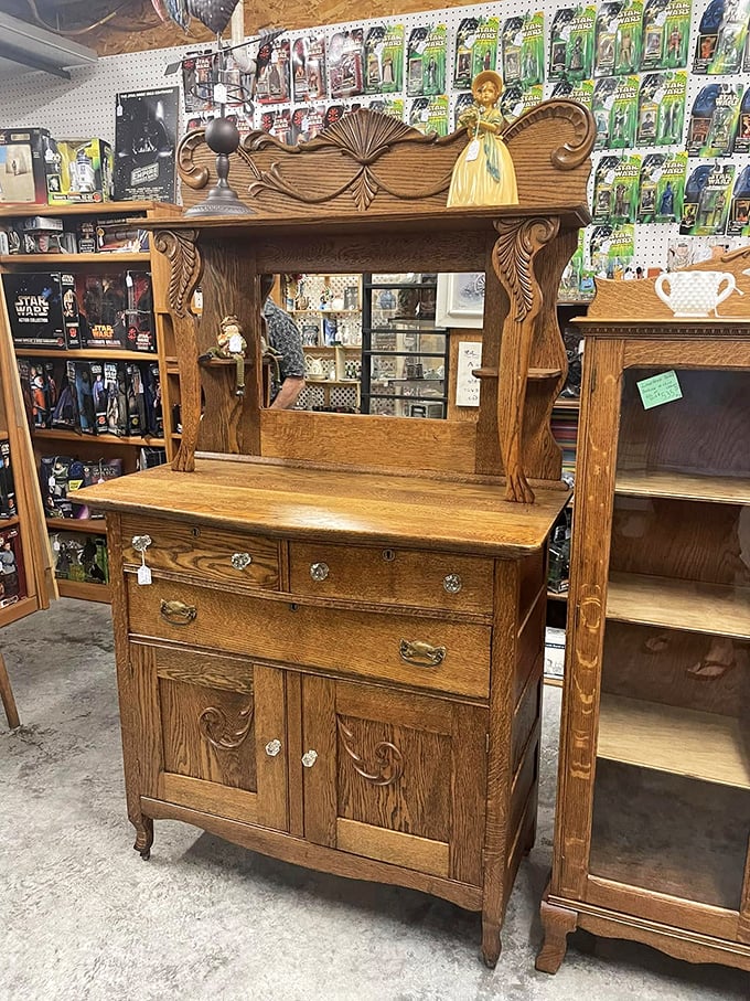 This tiger oak dresser has witnessed more morning routines than a barista, and still looks ready for another century of service.