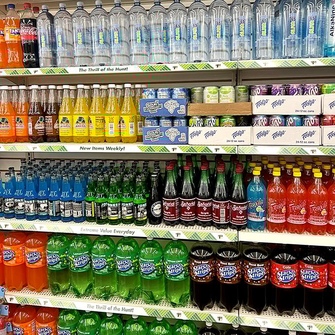Beverage bonanza featuring every color of the sugar-water rainbow. Faygo and Shasta: the unsung heroes of thrifty refreshment.