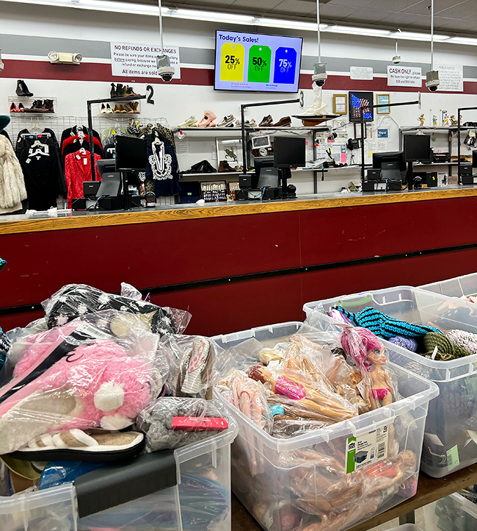 "The final frontier of frugality! This cashier's counter is where thrift store dreams become reality, and wallets breathe sighs of relief."