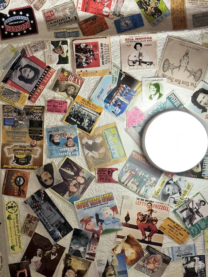 Look up and lose yourself in a ceiling that's part art gallery, part I Spy book. It's like Where's Waldo met a jukebox and had a party.