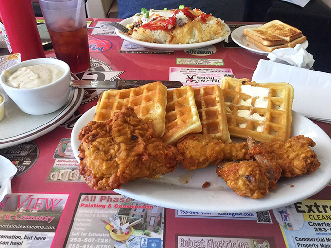 Chicken and waffles: The breakfast-lunch passport. No need to choose between sweet and savory when you can have both!