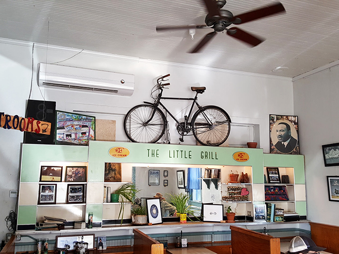 Who needs stuffy museum art when you can have a bicycle on the wall? This decor is as eclectic and fun as the menu itself.