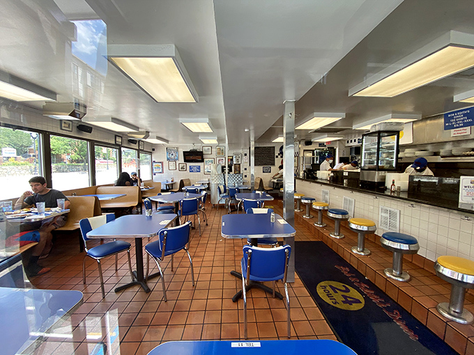 Blue booths and checkerboard trim &ndash; it's like sitting in a Norman Rockwell painting, but with better food.