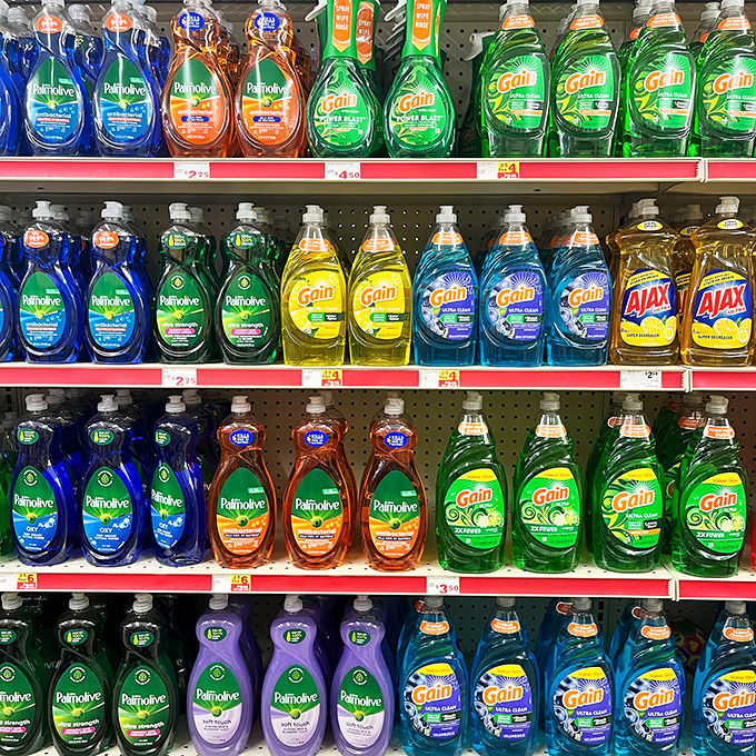 The rainbow of dish soaps &ndash; Palmolive, Gain, and Ajax standing shoulder to shoulder like superheroes ready to tackle your sink disasters.