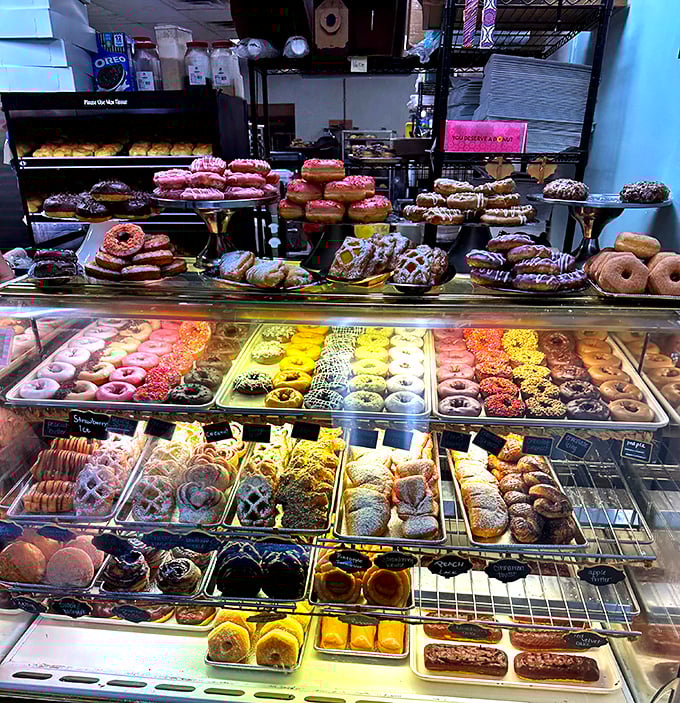 Donut nirvana achieved! This display case is like a museum of mouthwatering masterpieces. Can you hear the angels singing?