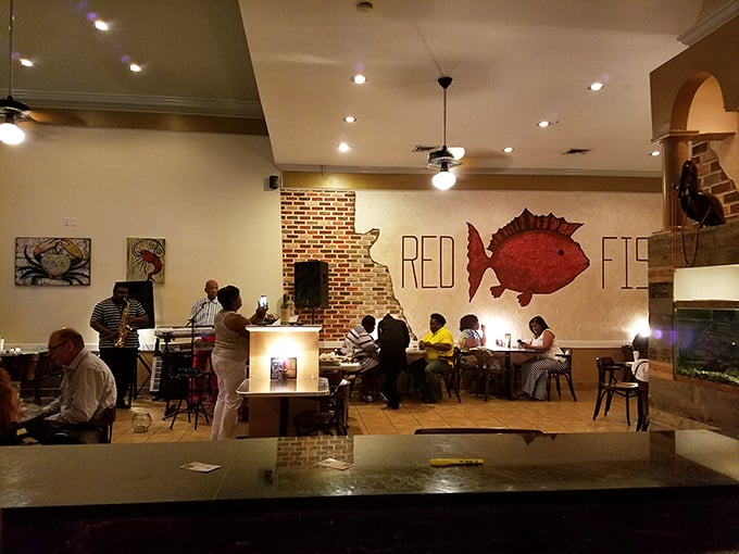 Who needs a jukebox when you've got "Red Fish" serenading your dinner? This wall art is serving up some serious seafood realness.