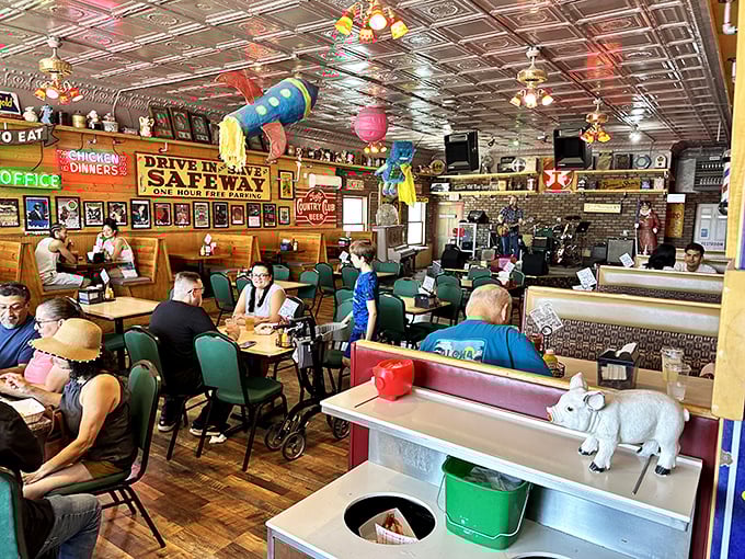 A bustling dining room where every table tells a different story, but all end with the same happy conclusion.