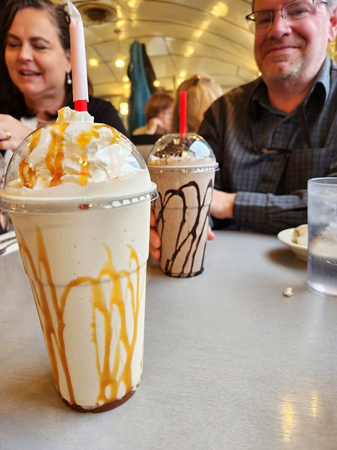 Milkshakes thick enough to require serious straw commitment&mdash;caramel cascades down the sides like delicious modern art.