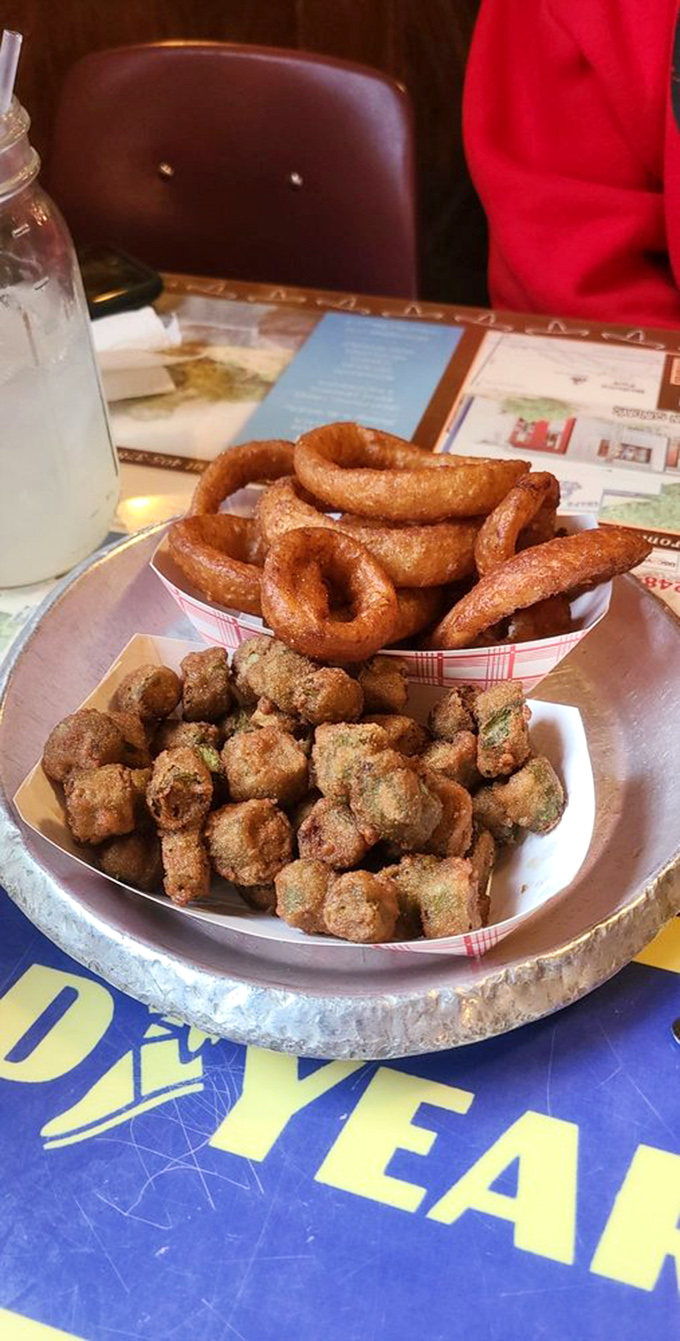 Crispy, golden, and utterly irresistible. These onion rings and okra could make a vegetarian reconsider their life choices.
