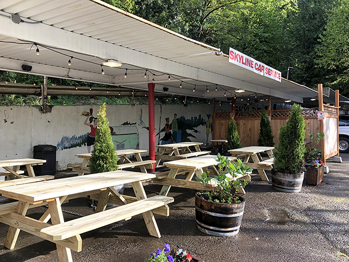 Alfresco feast! Skyline's outdoor seating area is perfect for those who like their burgers with a side of fresh air and sunshine.
