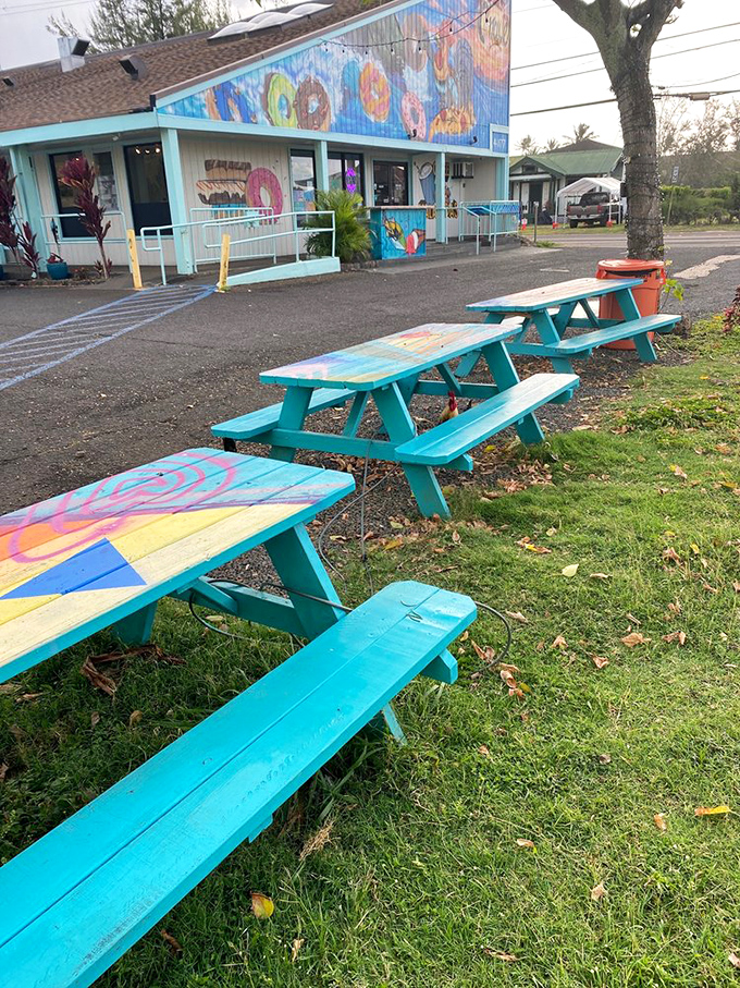 Outdoor seating that's more colorful than a luau. These picnic tables are the perfect spot for a donut rendezvous.