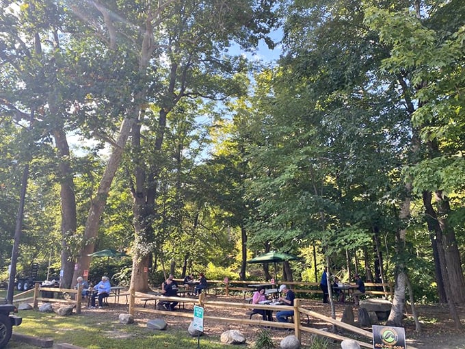 Nature provides the ceiling at this outdoor seating area, where pancakes taste even better with a side of Vermont's green canopy.