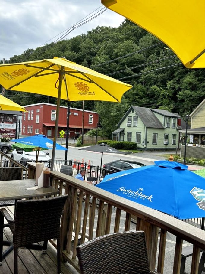 Dine with a view! This outdoor seating area lets you enjoy your BBQ feast while soaking in some classic Vermont charm.