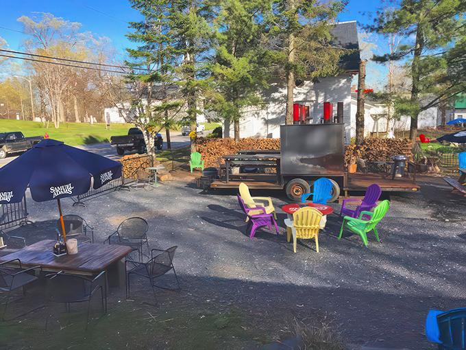 The patio: where barbecue meets fresh air, and colorful chairs invite you to kick back and stay awhile.