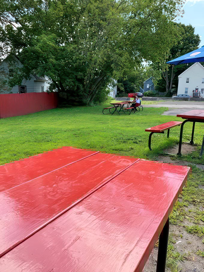 Al fresco dining, Maine edition. These cherry-red picnic tables are perfect for soaking up sunshine and lobster roll goodness.