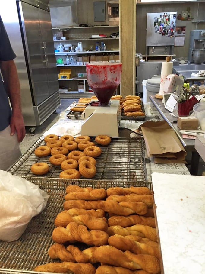Donut prep station or modern art installation? Either way, it's a masterpiece in the making. Van Gogh, eat your heart out!