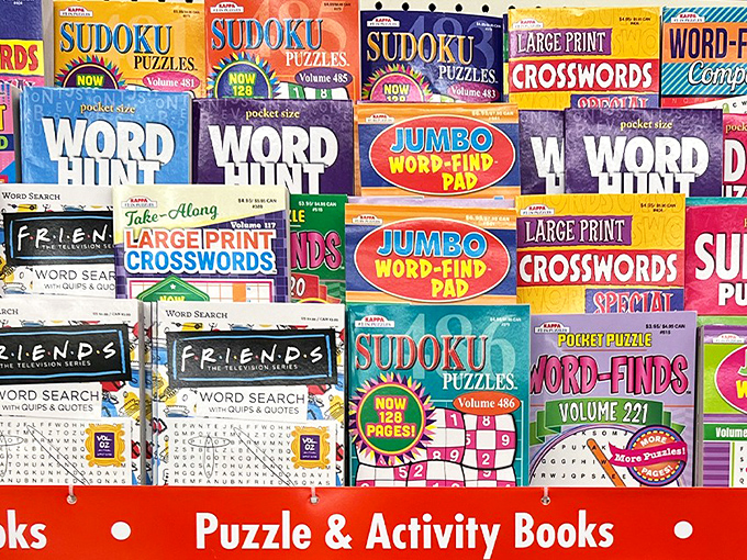 Brain food for bargain hunters&mdash;where FRIENDS-themed word searches sit alongside jumbo puzzle books, proving entertainment doesn't require Wi-Fi or monthly subscriptions.
