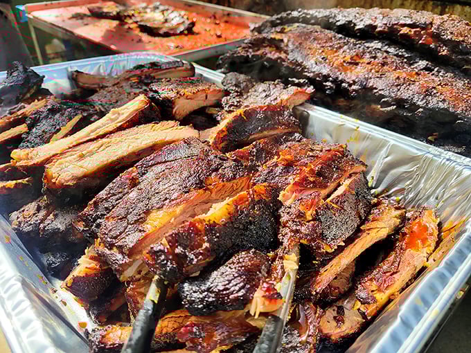 Up close and personal with porky perfection! These ribs are so tender, they practically fall off the bone if you look at them funny.