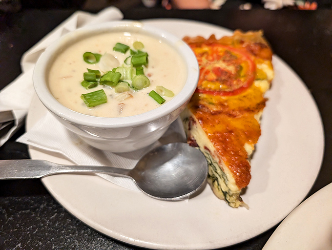 Soup and quiche: the dynamic duo of lunch. Creamy comfort by the spoonful paired with a slice of savory heaven.