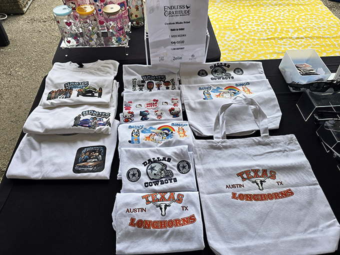 Wear your Texan pride on your sleeve… or tote! From Longhorns to Cowboys, this stall's got team spirit covered from head to toe.