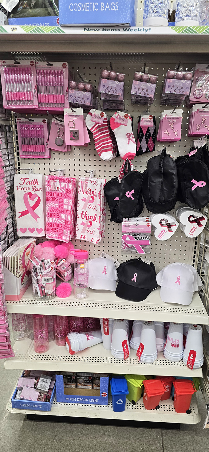 The breast cancer awareness section reminds us that even budget retailers can support important causes with pink-powered determination.