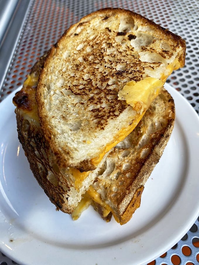 A grilled cheese sandwich that achieves the golden ratio of crispy exterior to molten interior. This is sandwich engineering at its finest.
