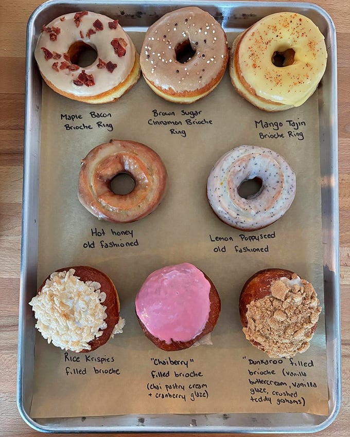 A United Nations of donuts! This tray showcases flavors from around the world, no passport required.