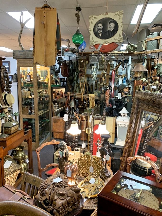 A cornucopia of collectibles that would make American Pickers green with envy. Every shelf tells a different story!