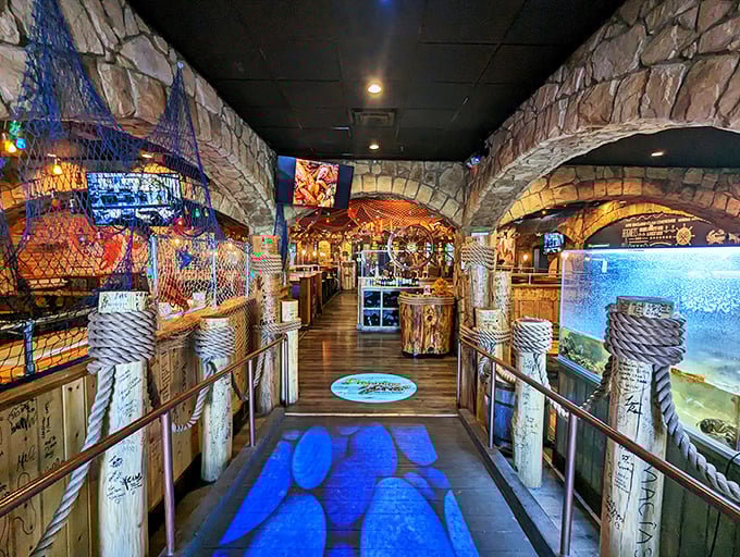 Enter through these arches and leave your diet at the door. It's a portal to seafood paradise, no snorkel required!