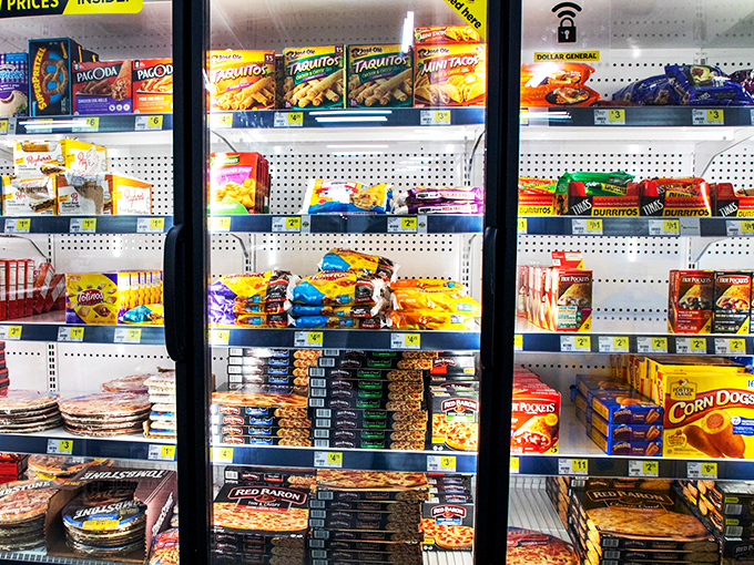 Frozen food fantasies behind glass doors &ndash; where convenience meets affordability in a frosty display of mealtime possibilities.