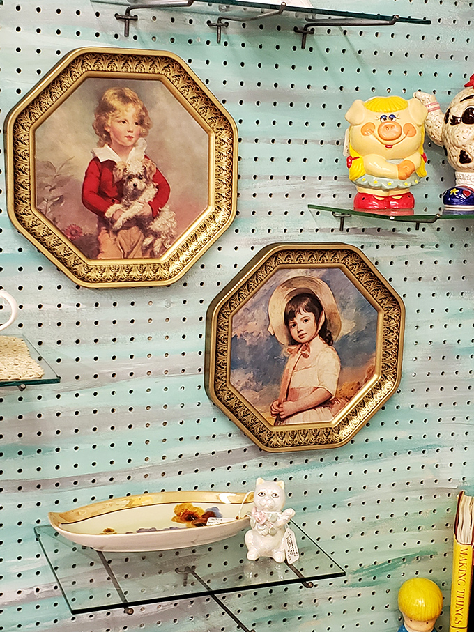 Framed moments frozen in time. These portraits are windows to the past, complete with a side of kitschy ceramic companions.