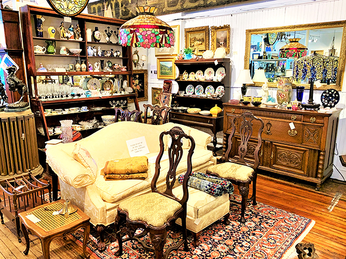 The furniture section: where mid-century modern meets Victorian opulence in a dance-off. That fainting couch has seen some drama, I bet!