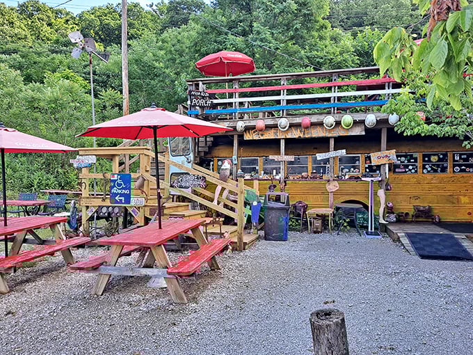 Picnic tables and umbrellas galore! It's like your childhood treehouse grew up and decided to serve gourmet hot dogs.