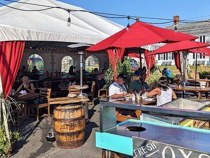 Al fresco feasting at its finest! This outdoor seating area is perfect for soaking up sun and seafood in equal measure.