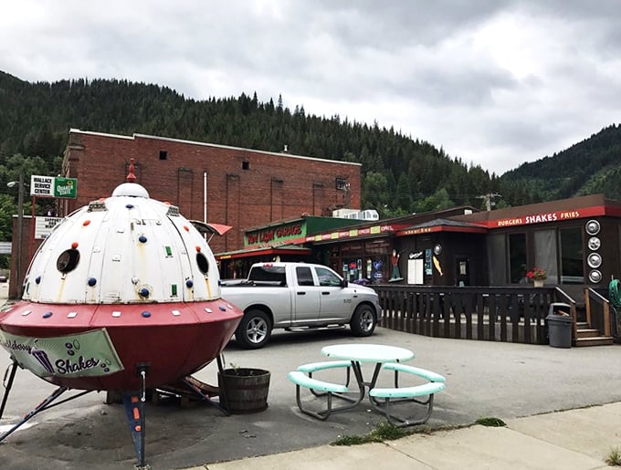 Is it a spaceship or a shake shack? This outdoor seating area proves that in Wallace, even picnic tables can be an adventure in retro-futurism.